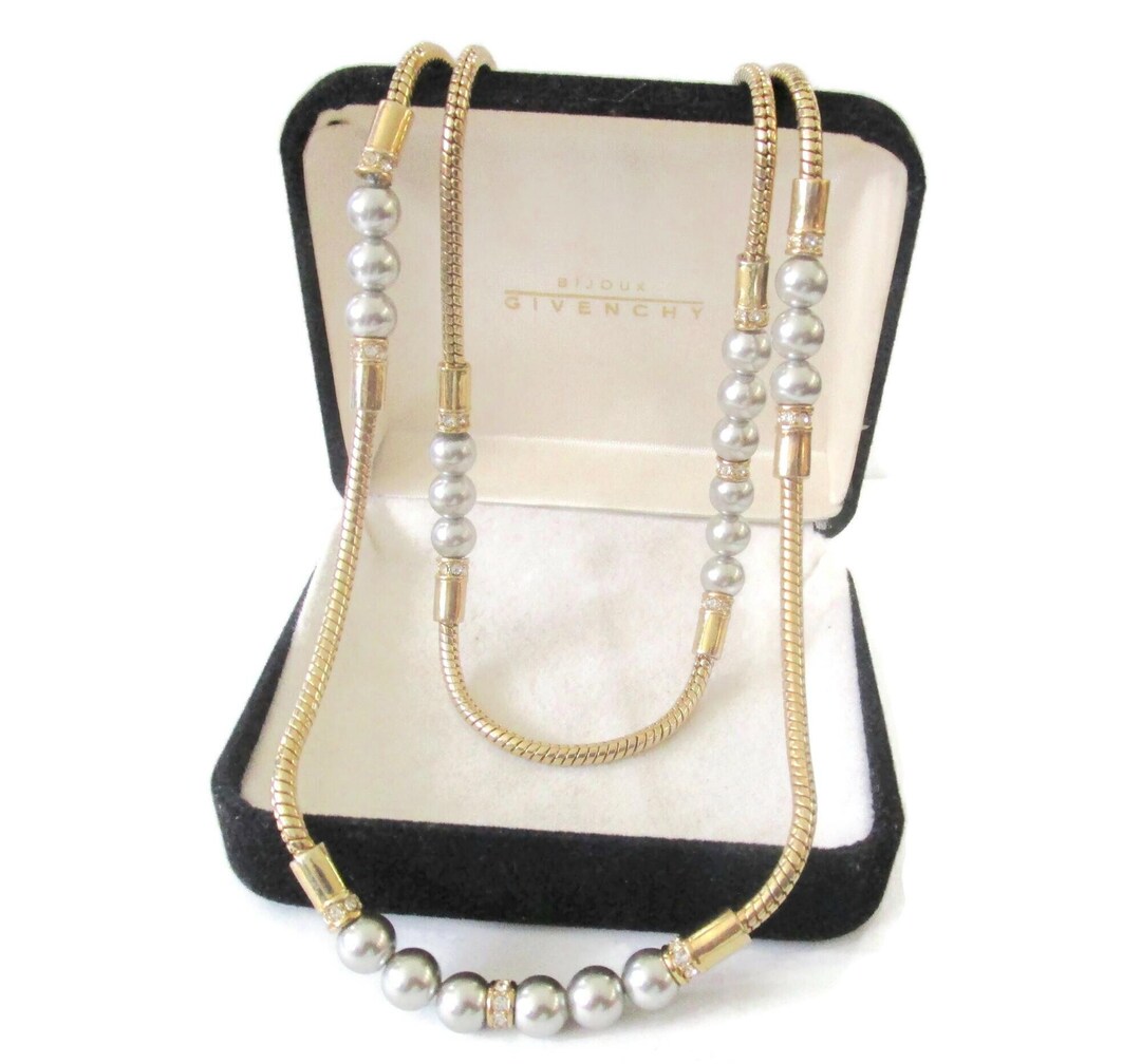 Givenchy Grey Faux Pearls Station Necklace/42" Gold Plated Snake Chain ...