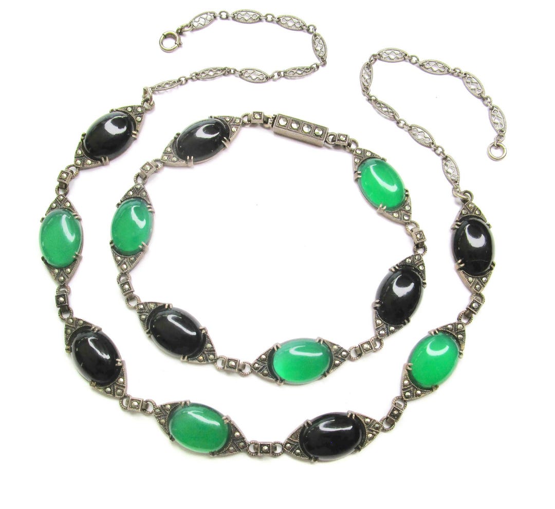 Art Deco Sterling Chrysoprase Onyx Marcasite Demi Parure/ Bracelet ...