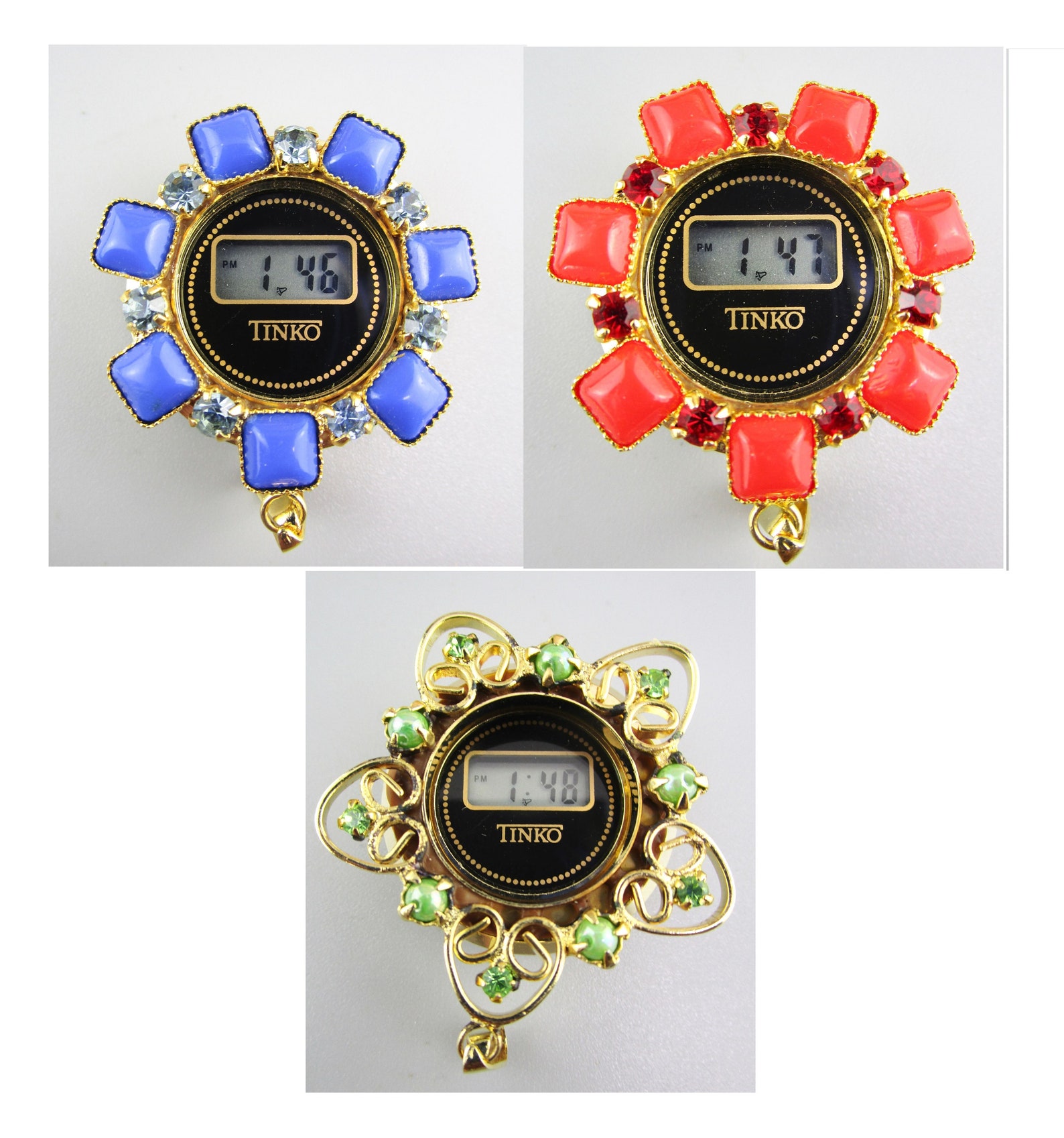 TINKO LCD Digital Watch Necklace Set/17 Changeable Bezels/ Rhinestones ...