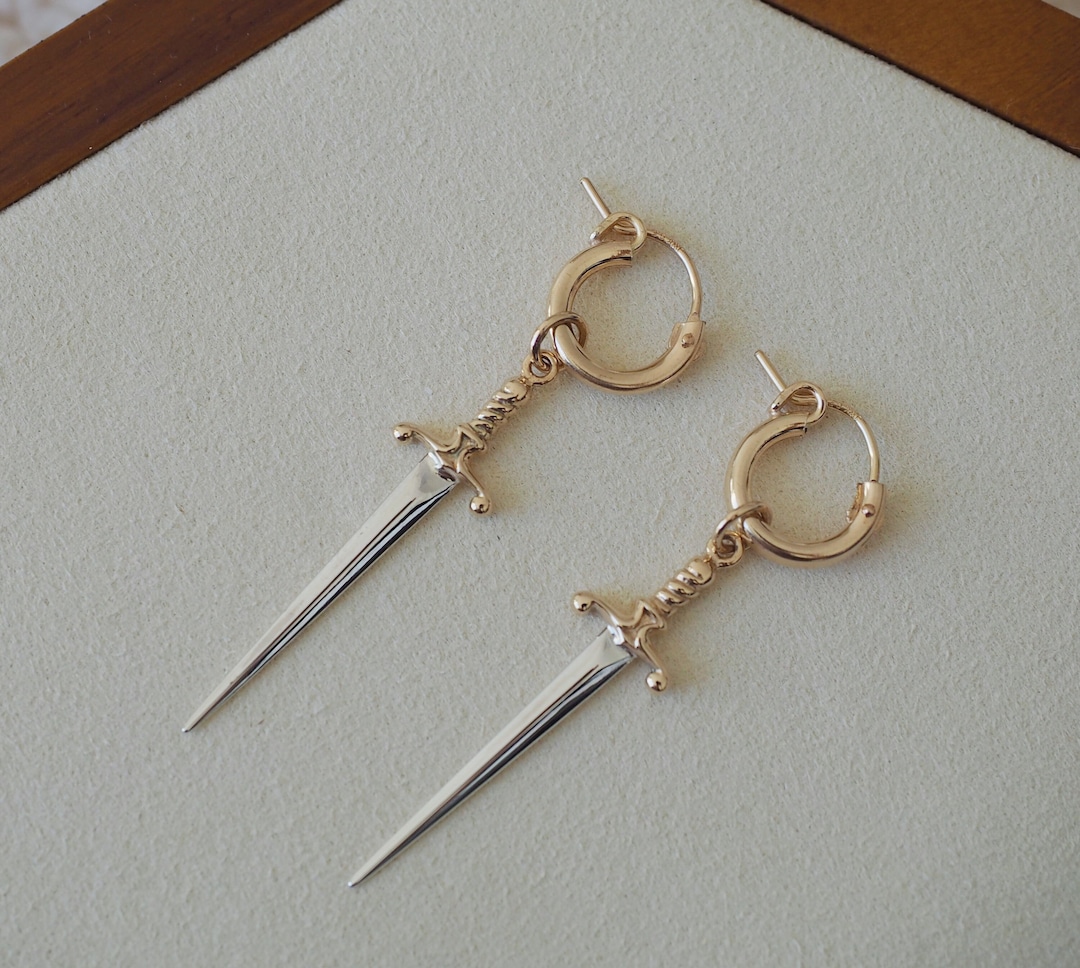 14k Gold Filled Hoops With Sword Charm | Sold as Pair - Etsy