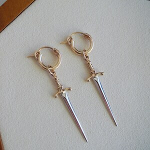 14k Gold Filled Hoops With Sword Charm | Sold as Pair - Etsy