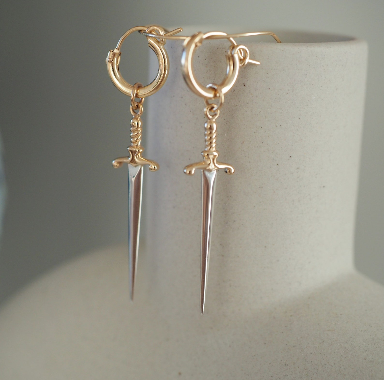 14k Gold Filled Hoops With Sword Charm | Sold as Pair - Etsy