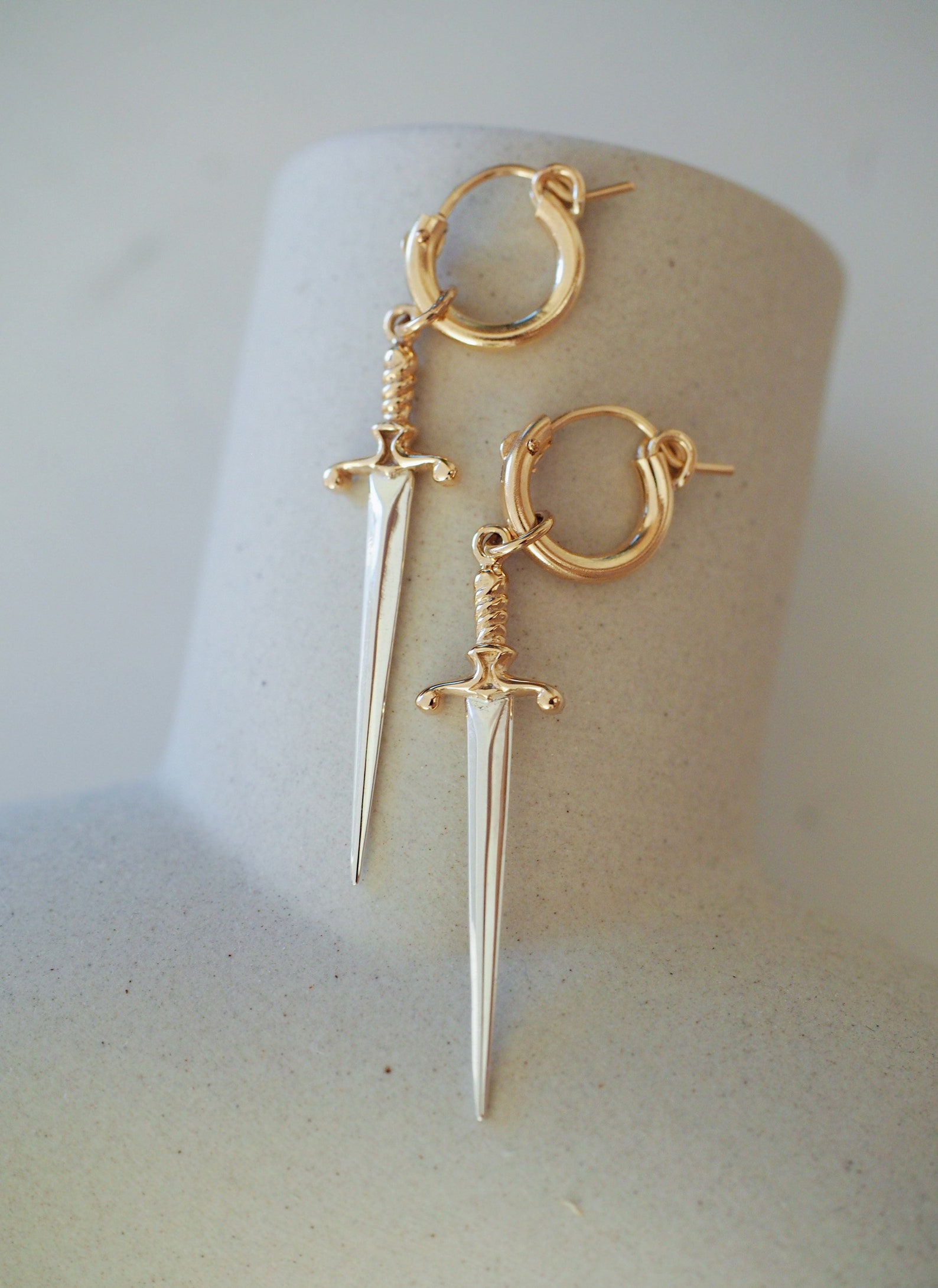 14k Gold Filled Hoops With Sword Charm | Sold as Pair - Etsy