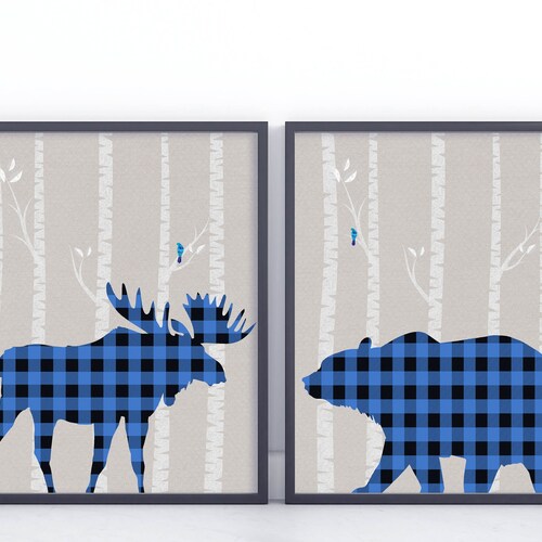 Buffalo Plaid Bear and Moose Printable Set Woodland Decor 8x10 - Etsy