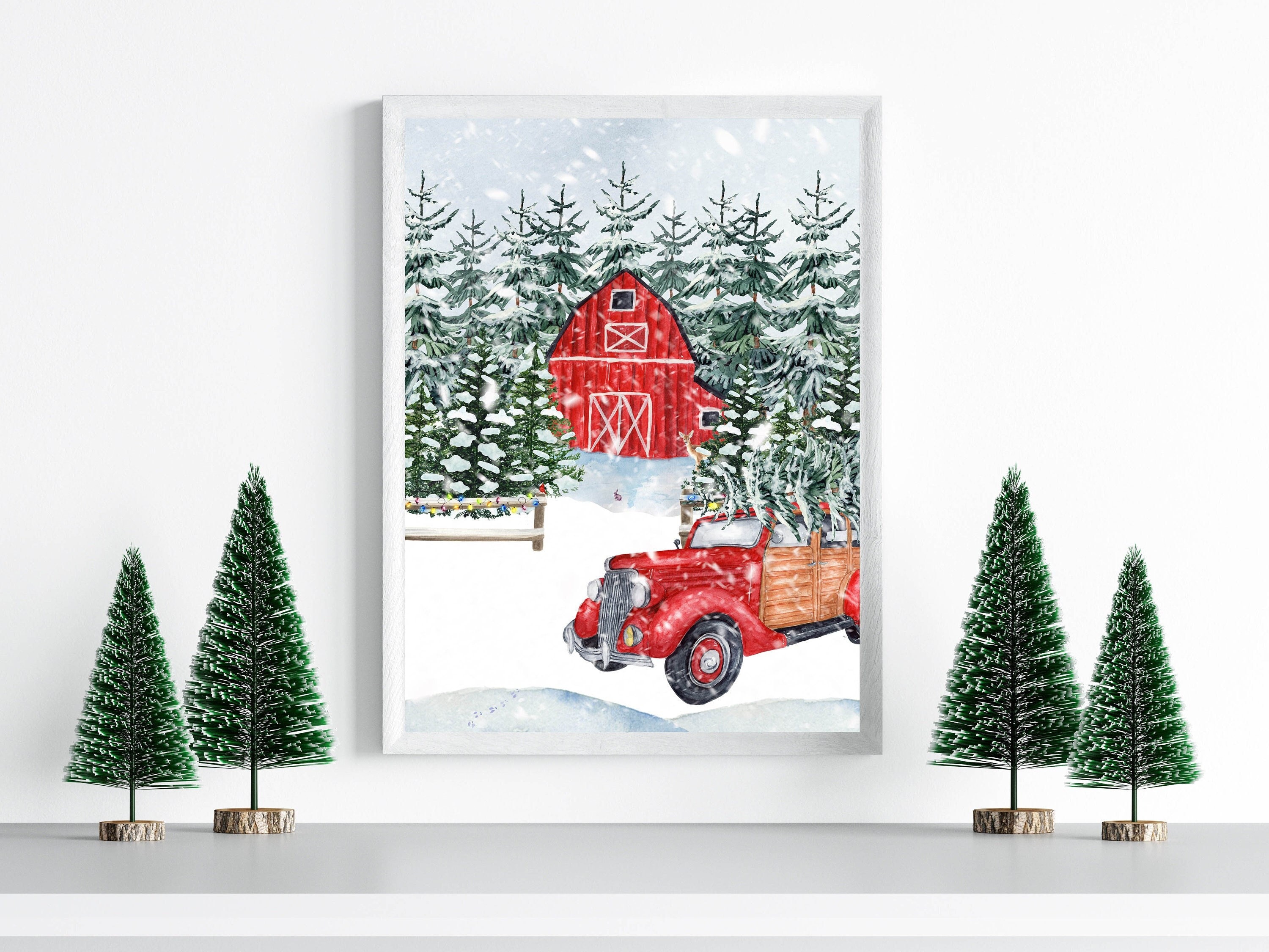 Christmas Tree Farm Printable Red Barn Retro Winter Print 5x7 | Etsy