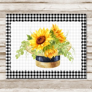 Sunflower Printable Farmhouse Decor Black White Gingham Sign - Etsy