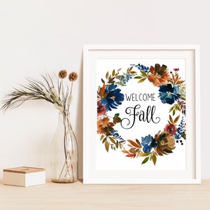 Welcome Fall Printable Wall Art Floral Wreath Sign 5x7 8x10 11x14 16x20 ...
