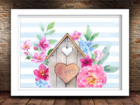 Art & Collectibles Giclée Blue Bird Floral Art Print Birdhouse and ...