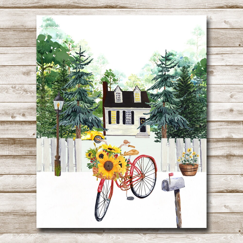 Sunflower Bicycle Printable Country Wall Art 5x7 8x10 11x14 | Etsy