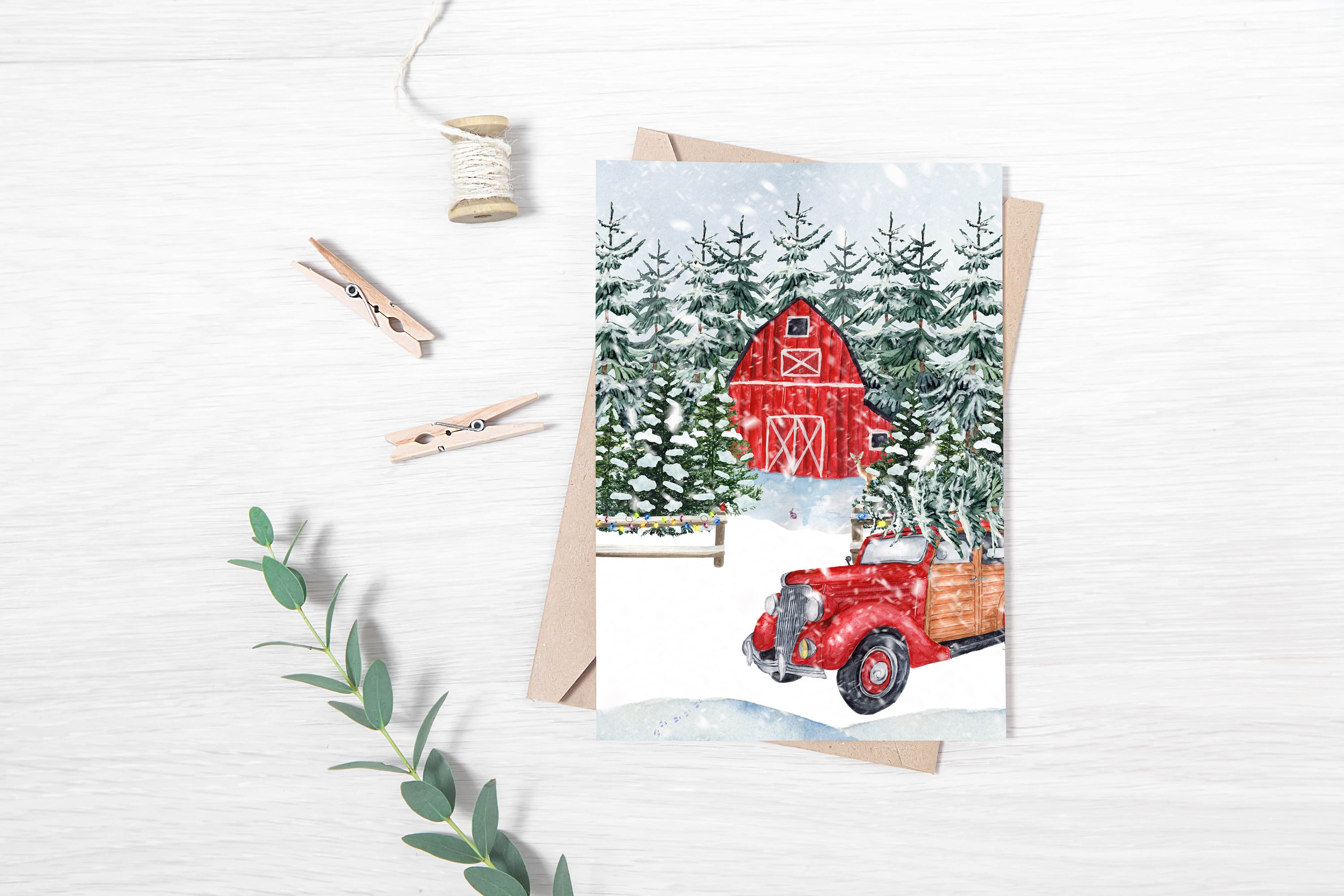 Christmas Tree Farm Printable Red Barn Retro Winter Print 5x7 | Etsy