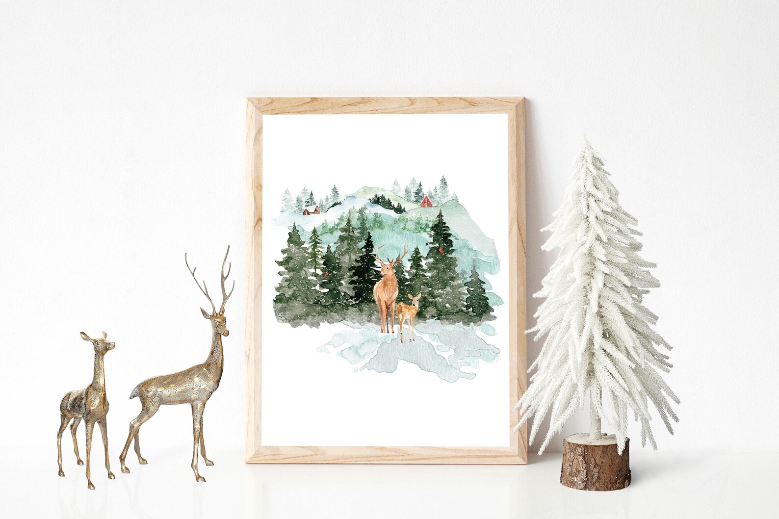Woodland Deer Printable Winter Cardinal 5x7 8x10 11x14 16x20 Rustic ...