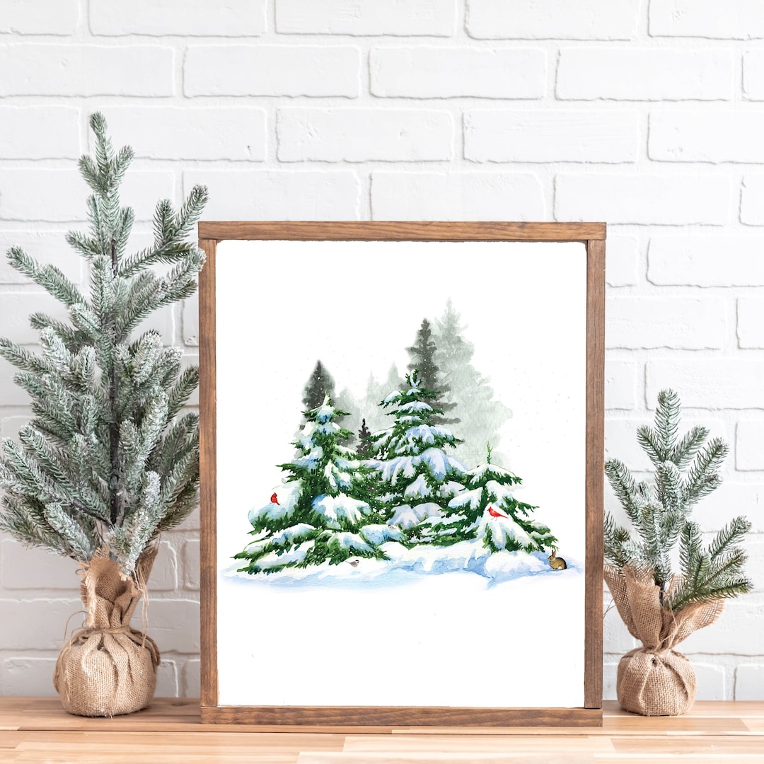 Snowy Evergreen Trees Printable 5x7 8x10 11x14 16x20 18x24 Holiday Wall ...
