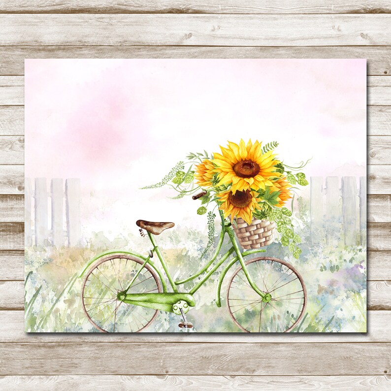Sunflower Bicycle Printable Vintage Green Bike Art Flower | Etsy