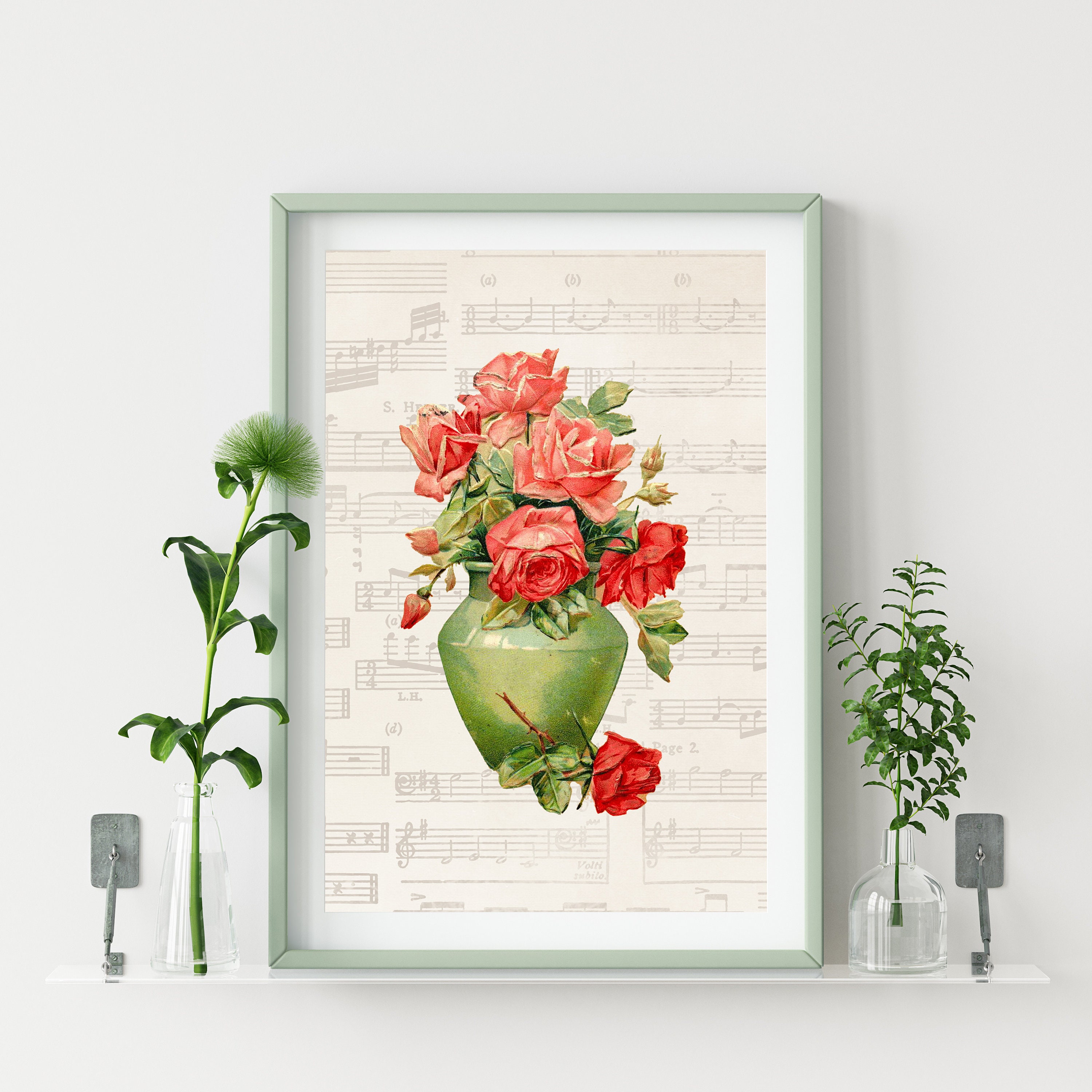 Vintage Roses Printable Floral Sign Home Decor Rose Vase Wall | Etsy