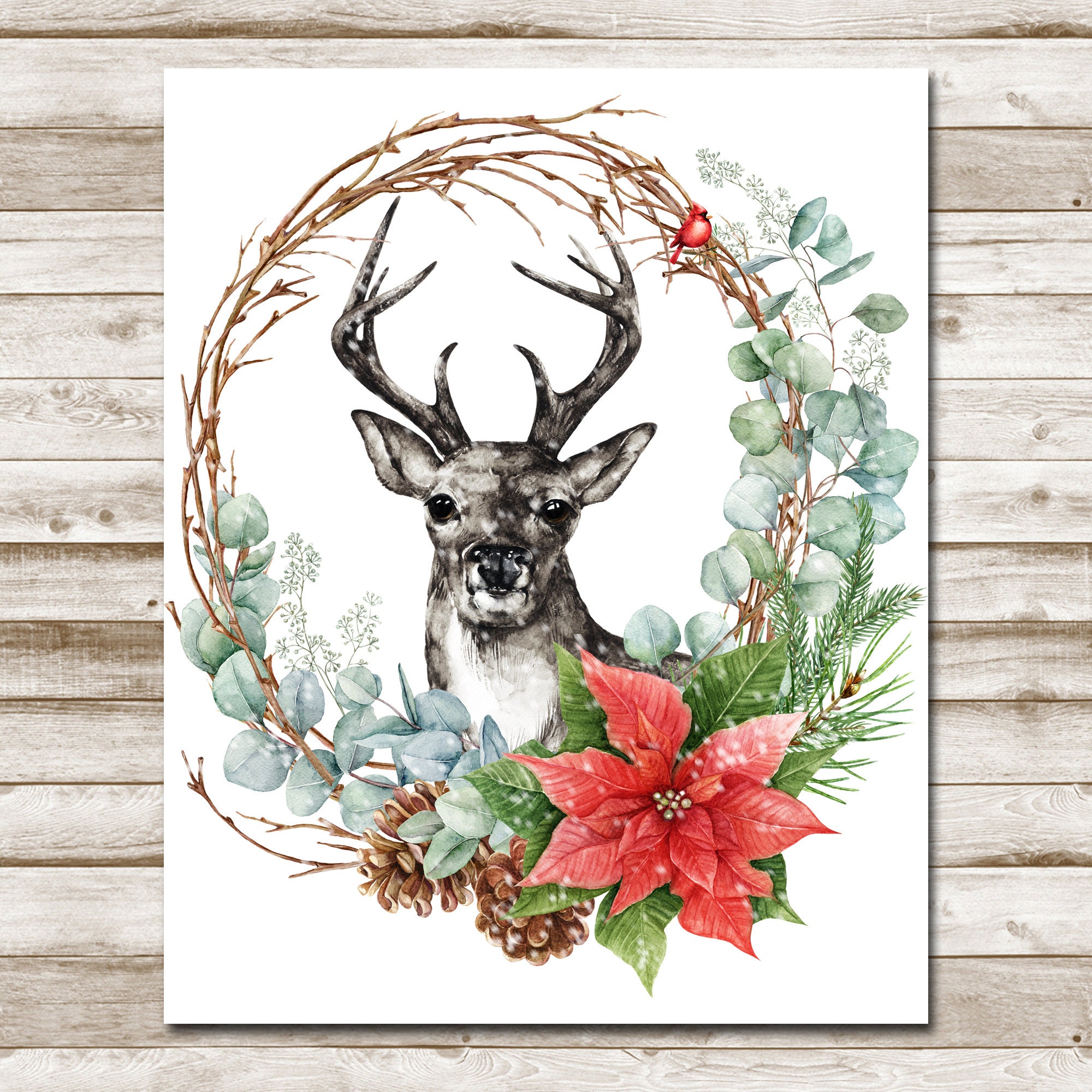 Winter Woodland Deer Printable Christmas Poinsettia Eucalyptus Wreath ...