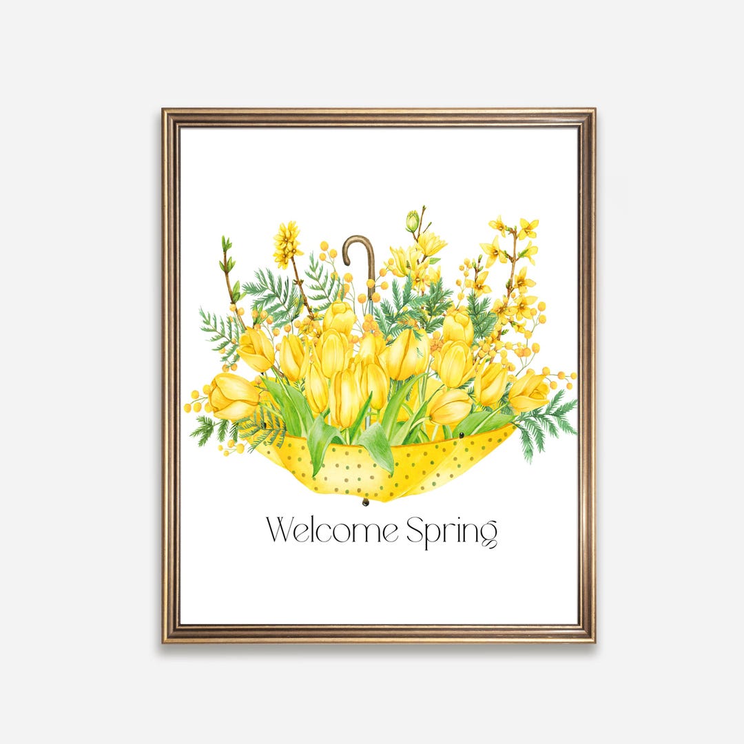 Welcome Spring Printable Wall Art Tulips Cottage Decor Forsythia Sign ...