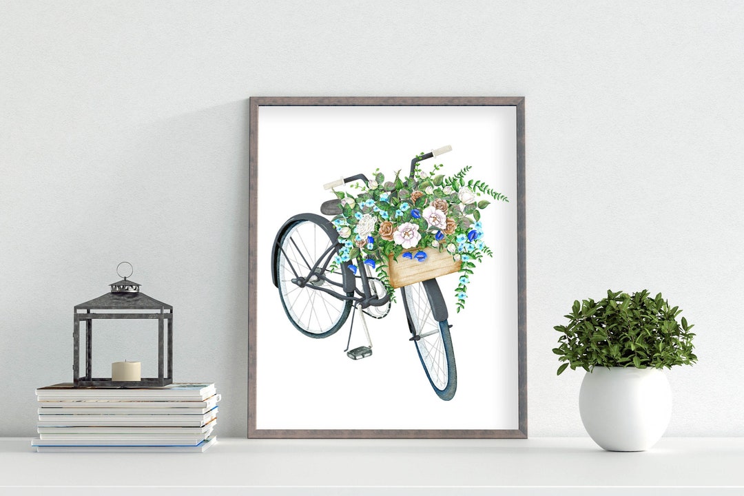 Floral Black Bicycle Printable Vintage Bike Art Flower Basket Farmhouse ...