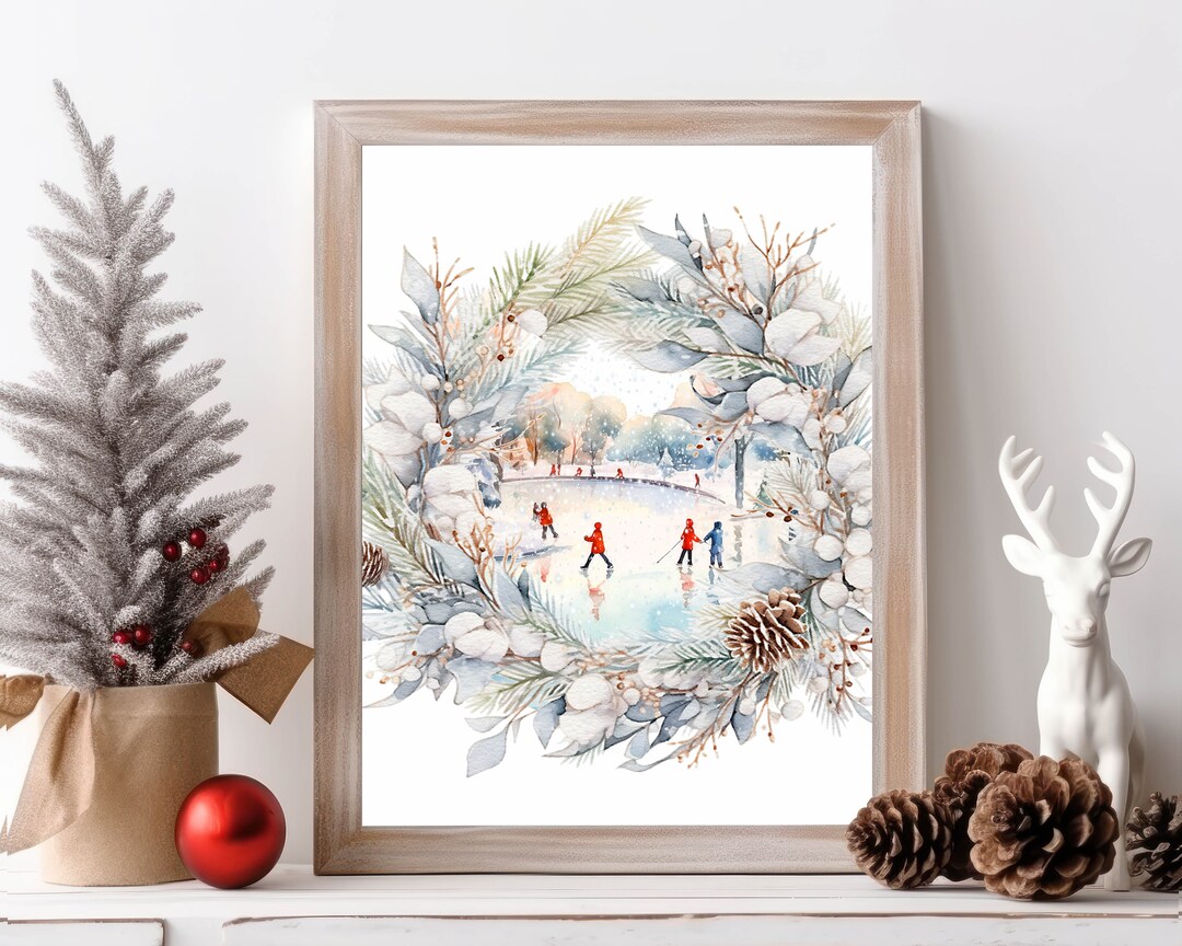 Winter Wreath Printable Wall Art Ice Skating Print 5x7 8x10 11x14 16x20 ...
