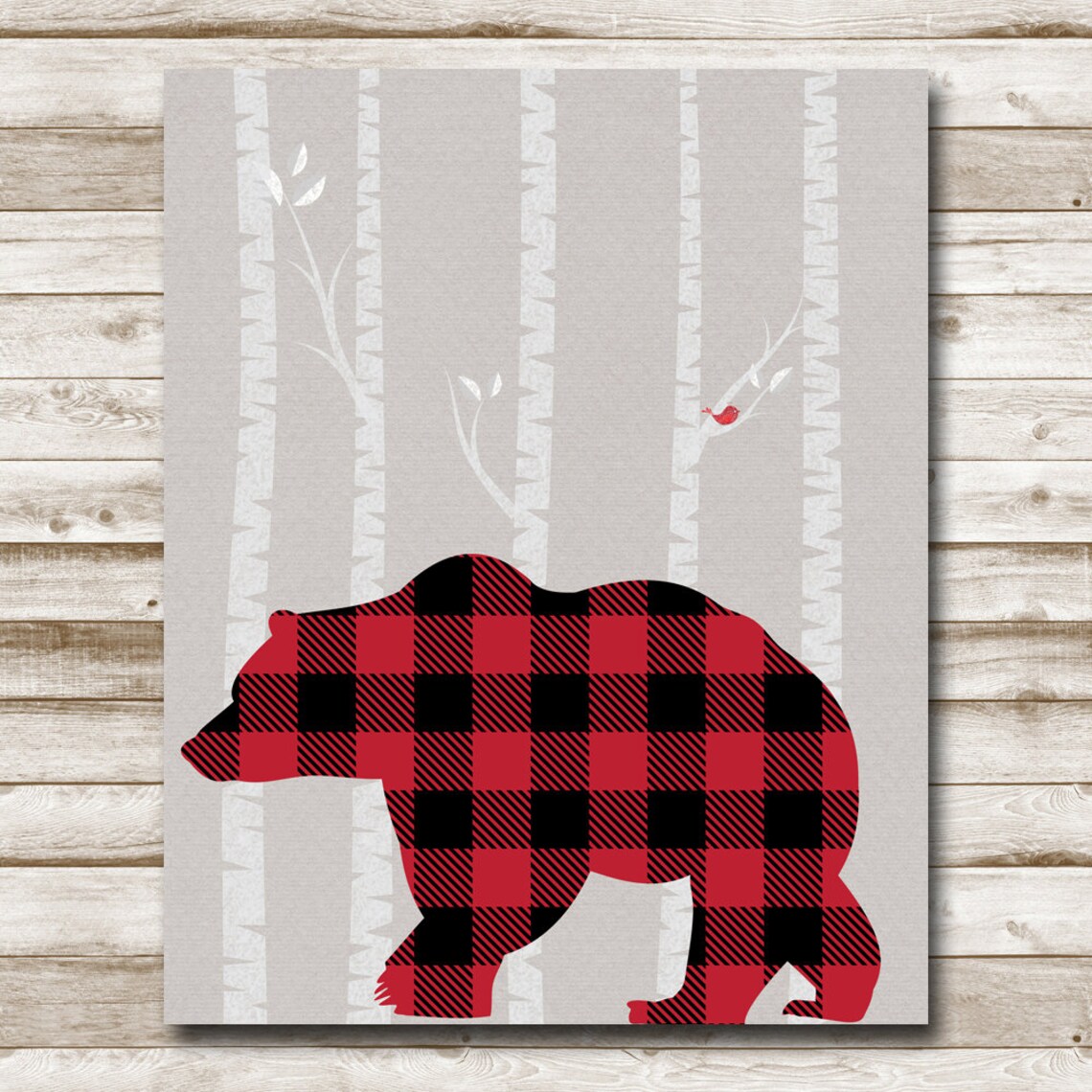 Red Buffalo Plaid Bear Printable Woodland Decor 5x7 8x10 11x14 | Etsy