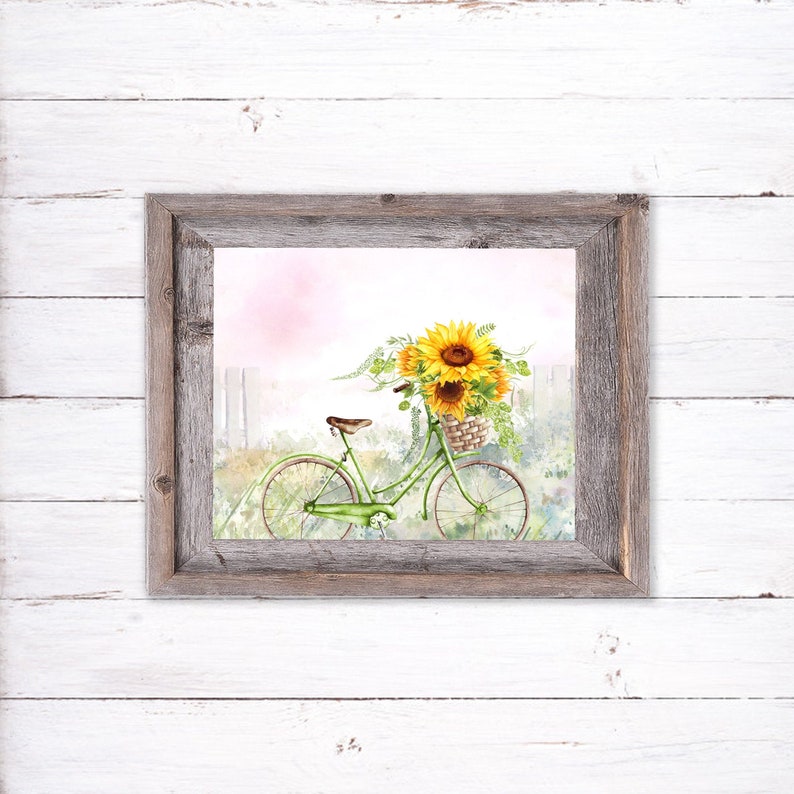 Sunflower Bicycle Printable Vintage Green Bike Art Flower | Etsy