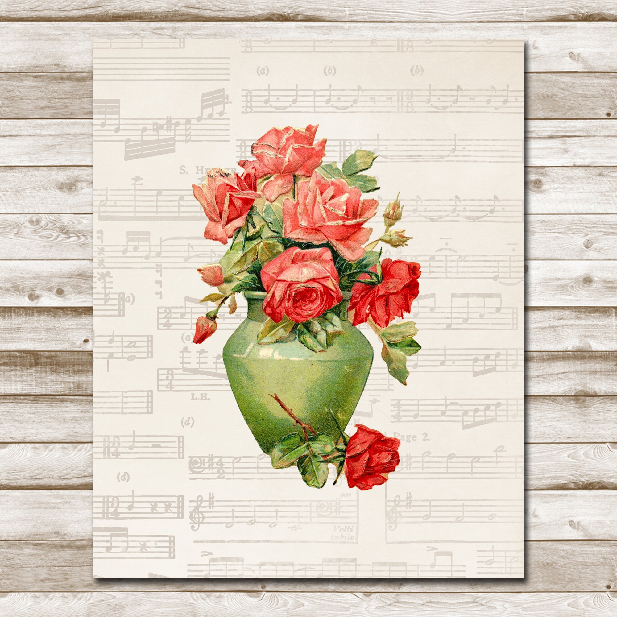 Vintage Roses Printable Floral Sign Home Decor Rose Vase Wall | Etsy
