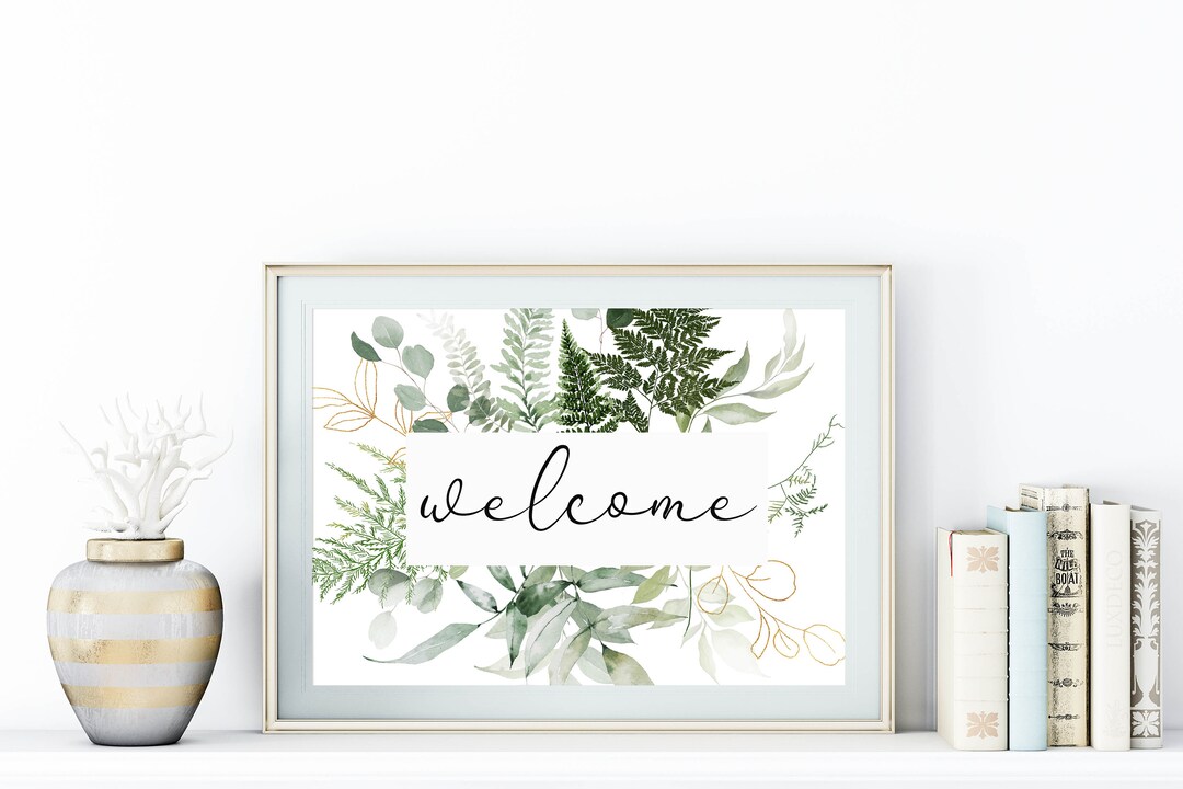 Welcome Printable Greenery Home Wall Art Office Sign Fern Leaf Decor ...