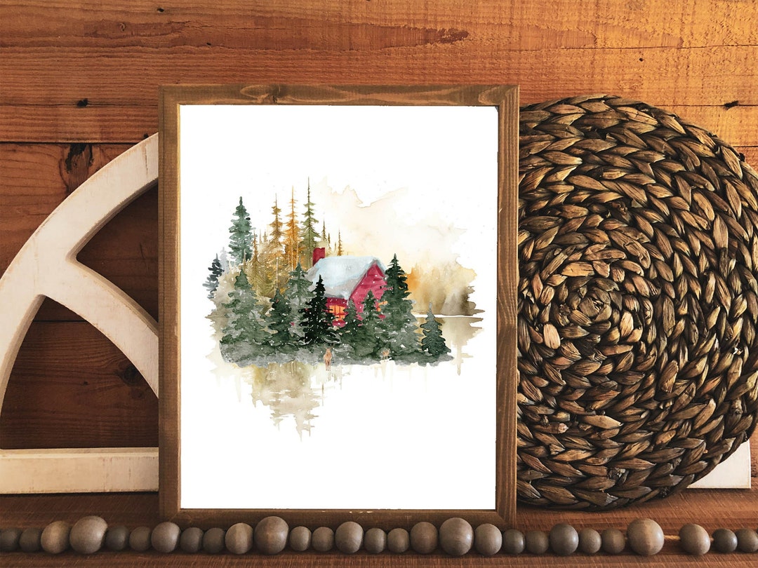 Woodland Fall Cabin Printable Red Cabin 5x7 8x10 11x14 16x20 Autumn ...