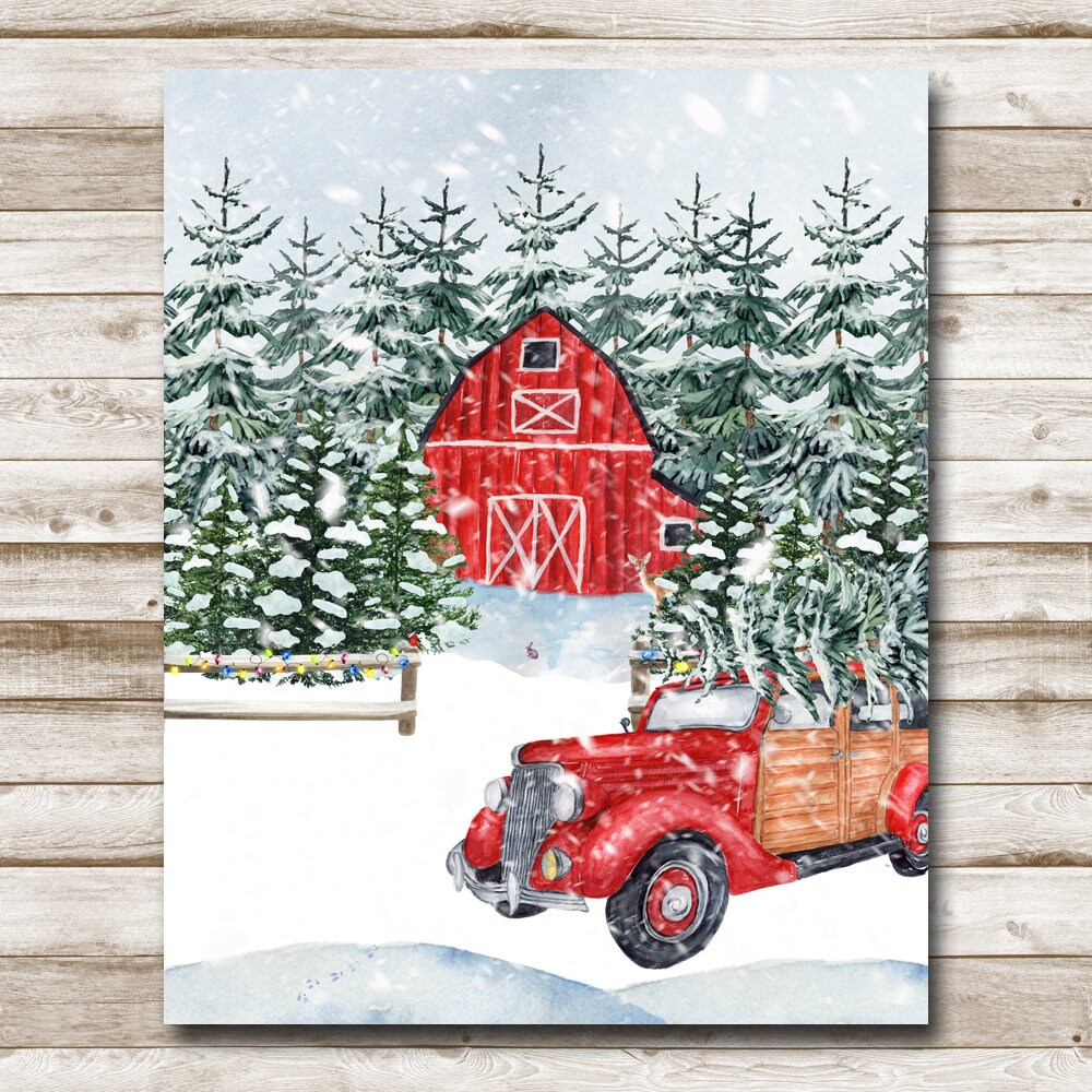 Christmas Tree Farm Printable Red Barn Retro Winter Print 5x7 | Etsy