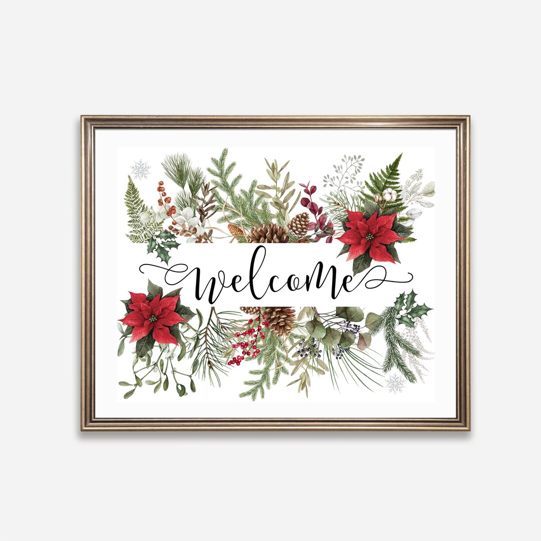 Welcome Winter Printable Wall Art Red Poinsettia Sign 5x7 8x10 11x14 ...