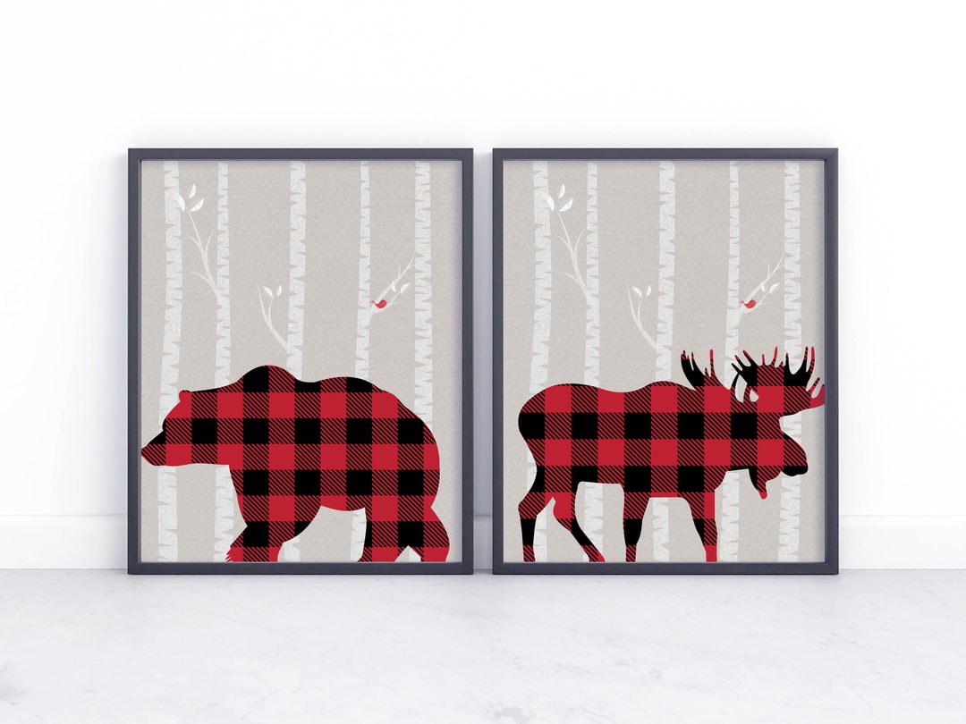 Buffalo Plaid Bear and Moose Printable Set Woodland Decor 8x10 11x14 ...