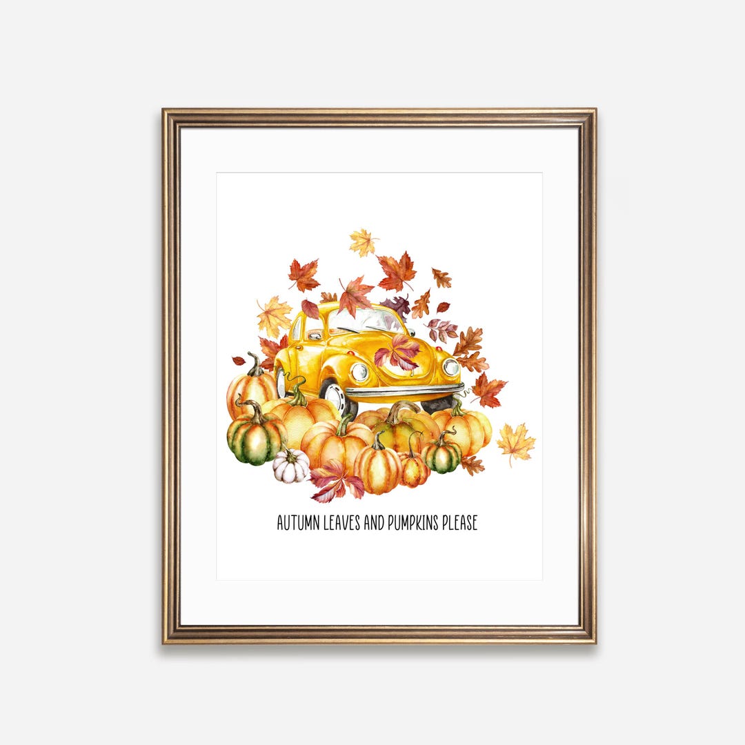 Fall VW Bug Watercolor Print: Autumn Leaves & Pumpkins (digital ...