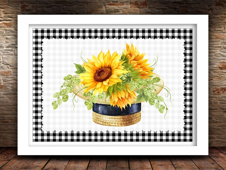 Sunflower Printable Farmhouse Decor Black White Gingham Sign - Etsy
