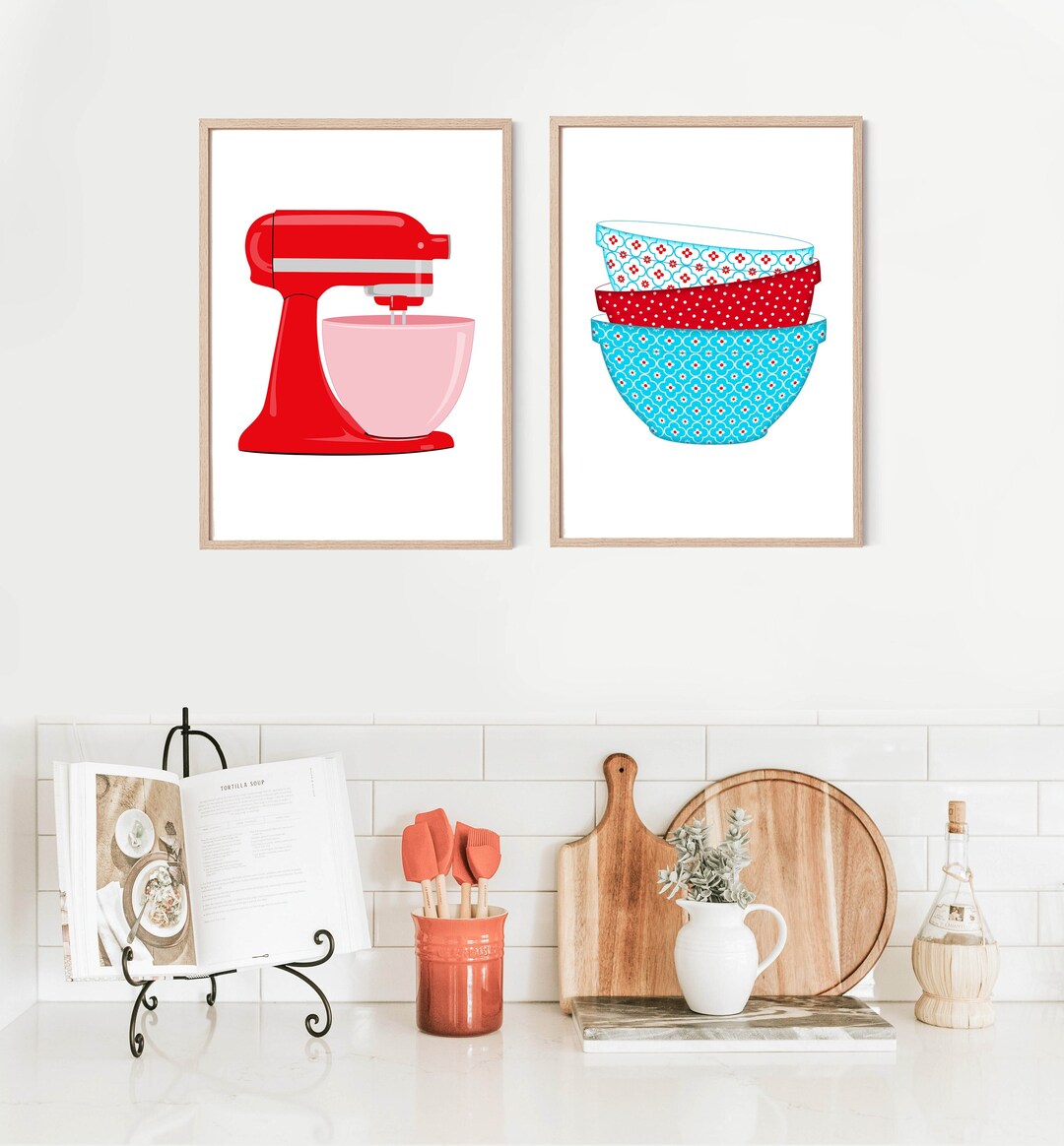 Kitchen Printable Set Kitchen Wall Art Set of 2 5x7 8x10 Red and Blue ...