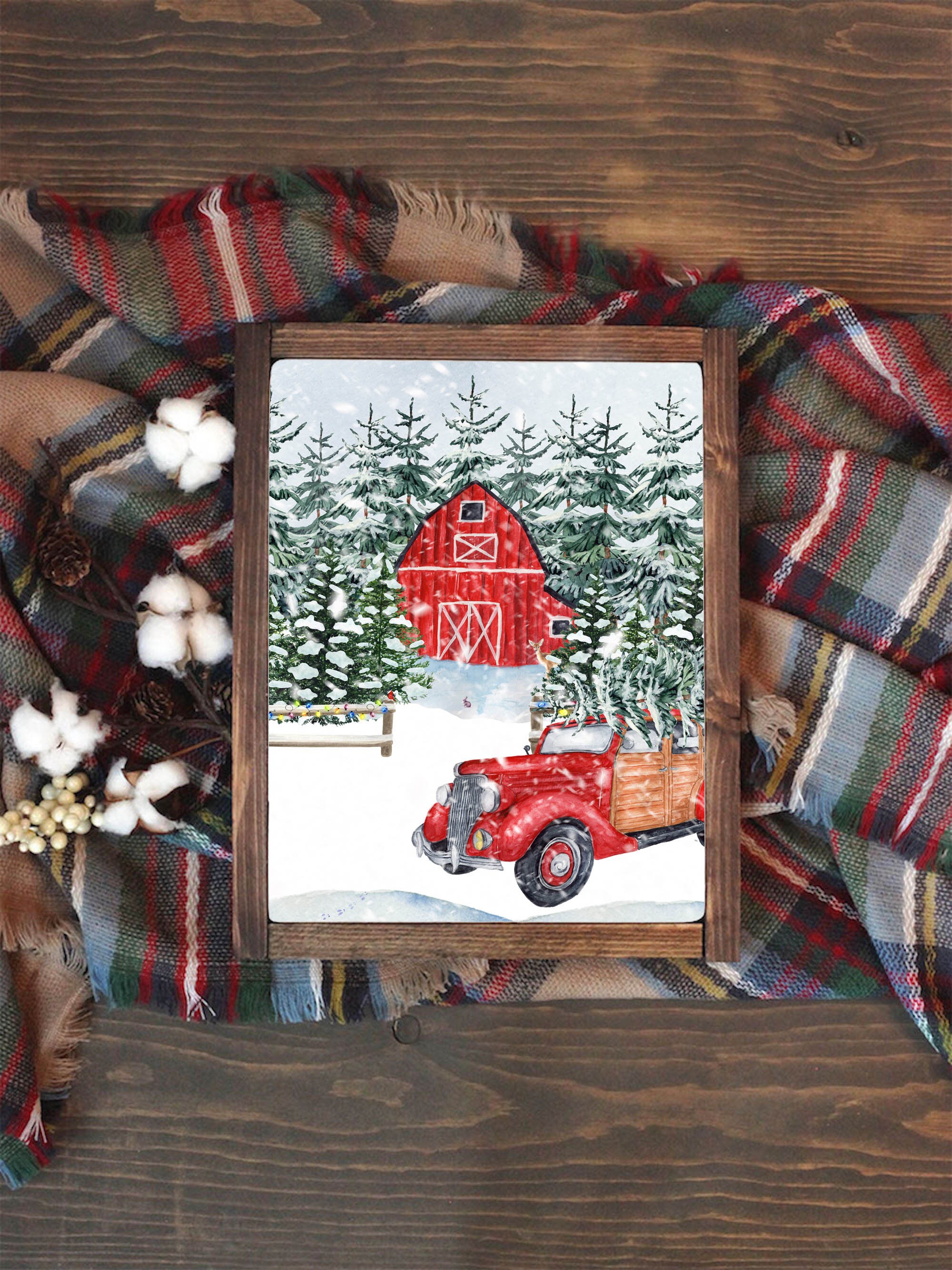 Christmas Tree Farm Printable Red Barn Retro Winter Print 5x7 | Etsy