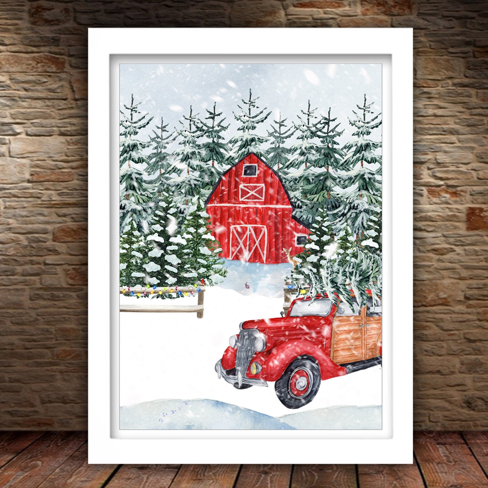 Christmas Tree Farm Printable Red Barn Retro Winter Print 5x7 | Etsy