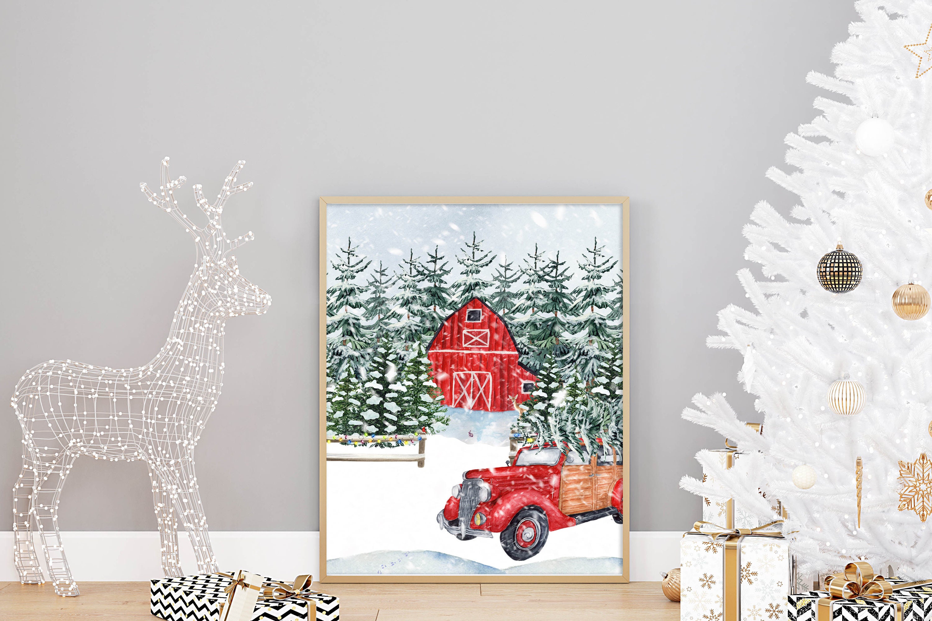 Christmas Tree Farm Printable Red Barn Retro Winter Print 5x7 | Etsy