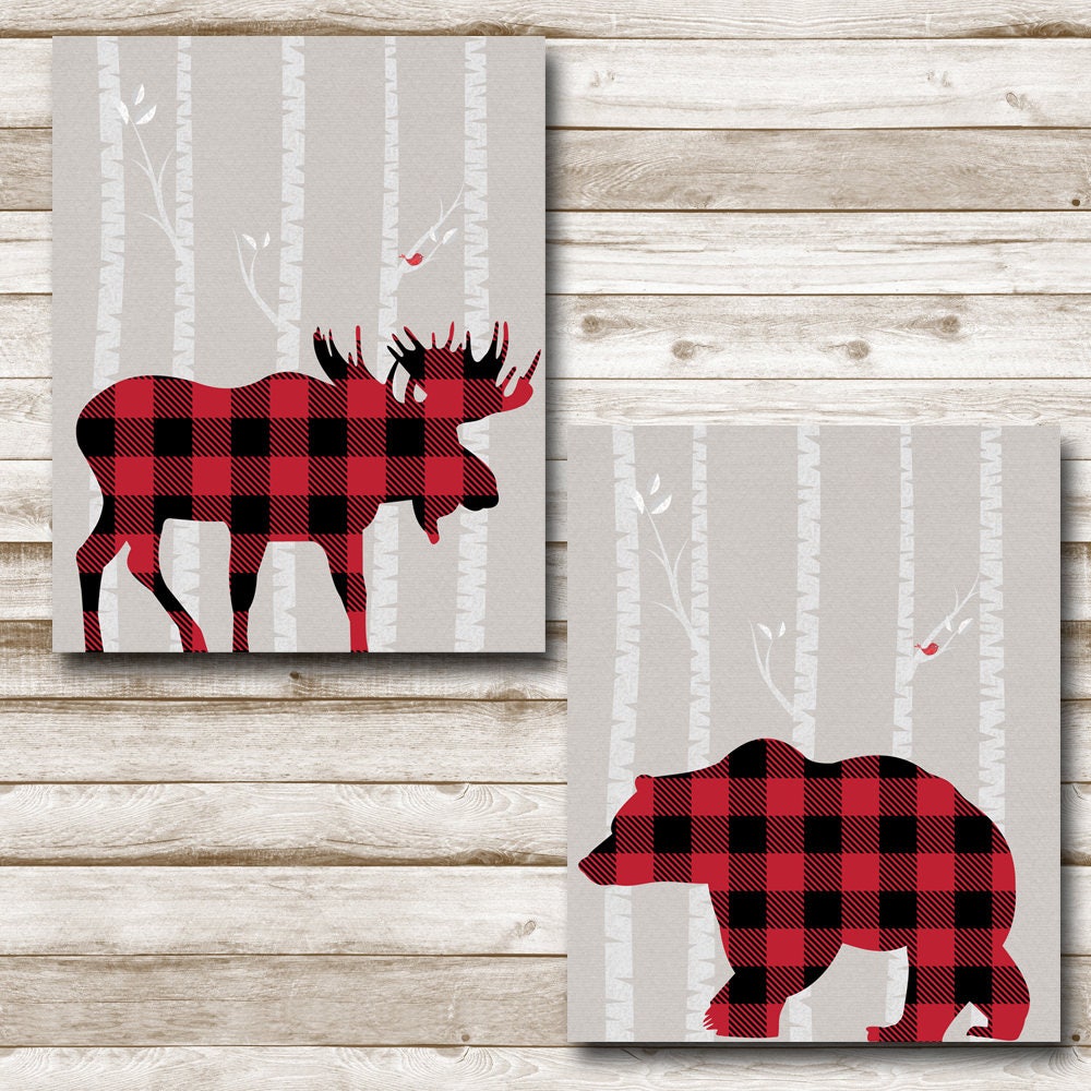 Buffalo Plaid Bear and Moose Printable Set Woodland Decor 8x10 | Etsy