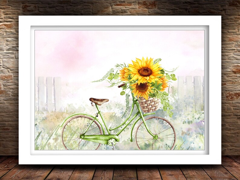 Sunflower Bicycle Printable Vintage Green Bike Art Flower | Etsy