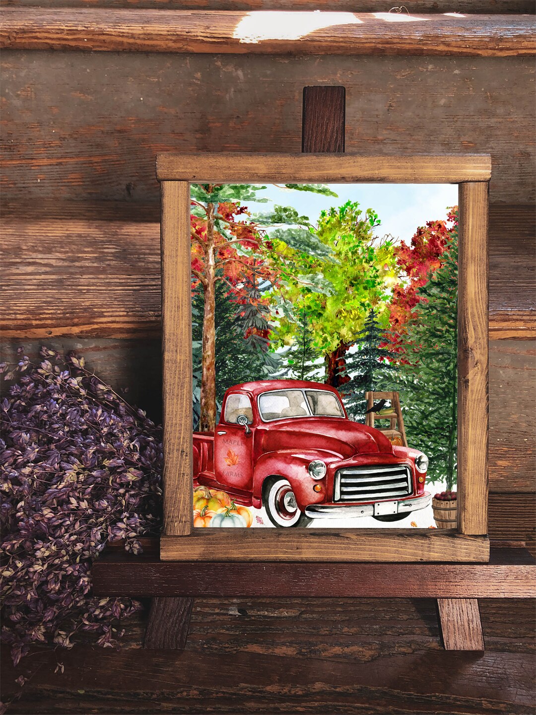 Vintage Red Truck Fall Watercolor Print, Autumn Woodland Decor (digital ...