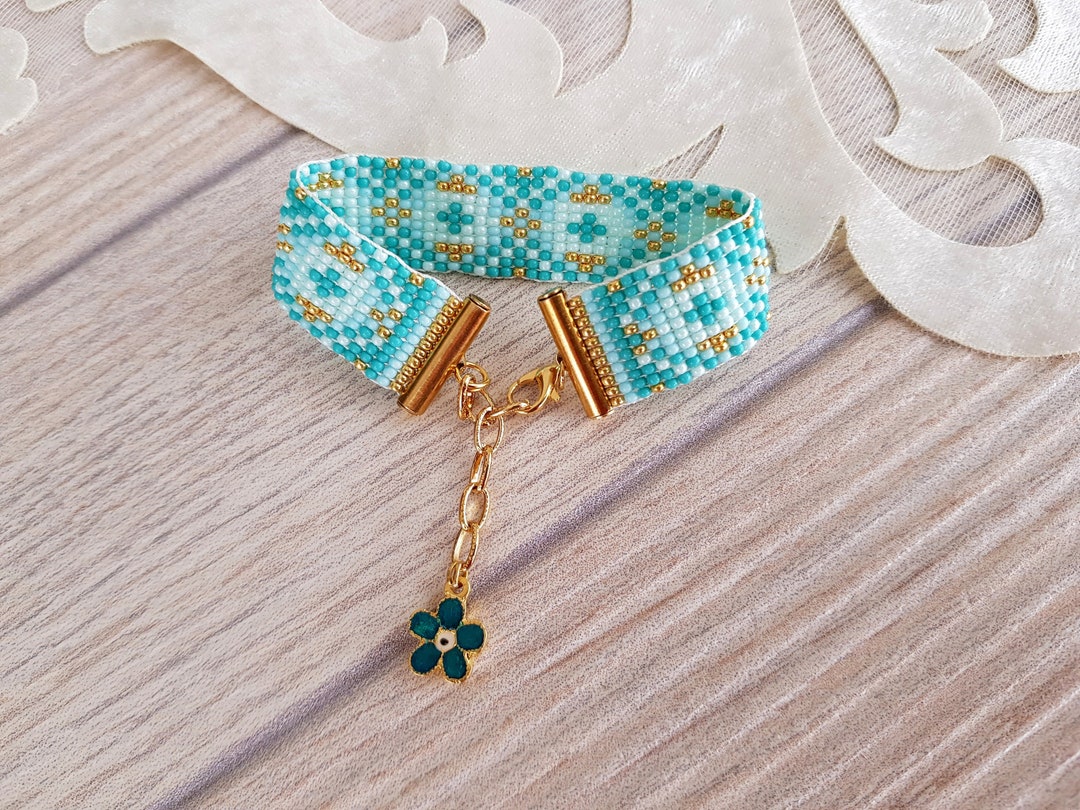 Turquoise Blue Mini Bead Bracelet, Boho Seed Bead Loom Bracelet ...