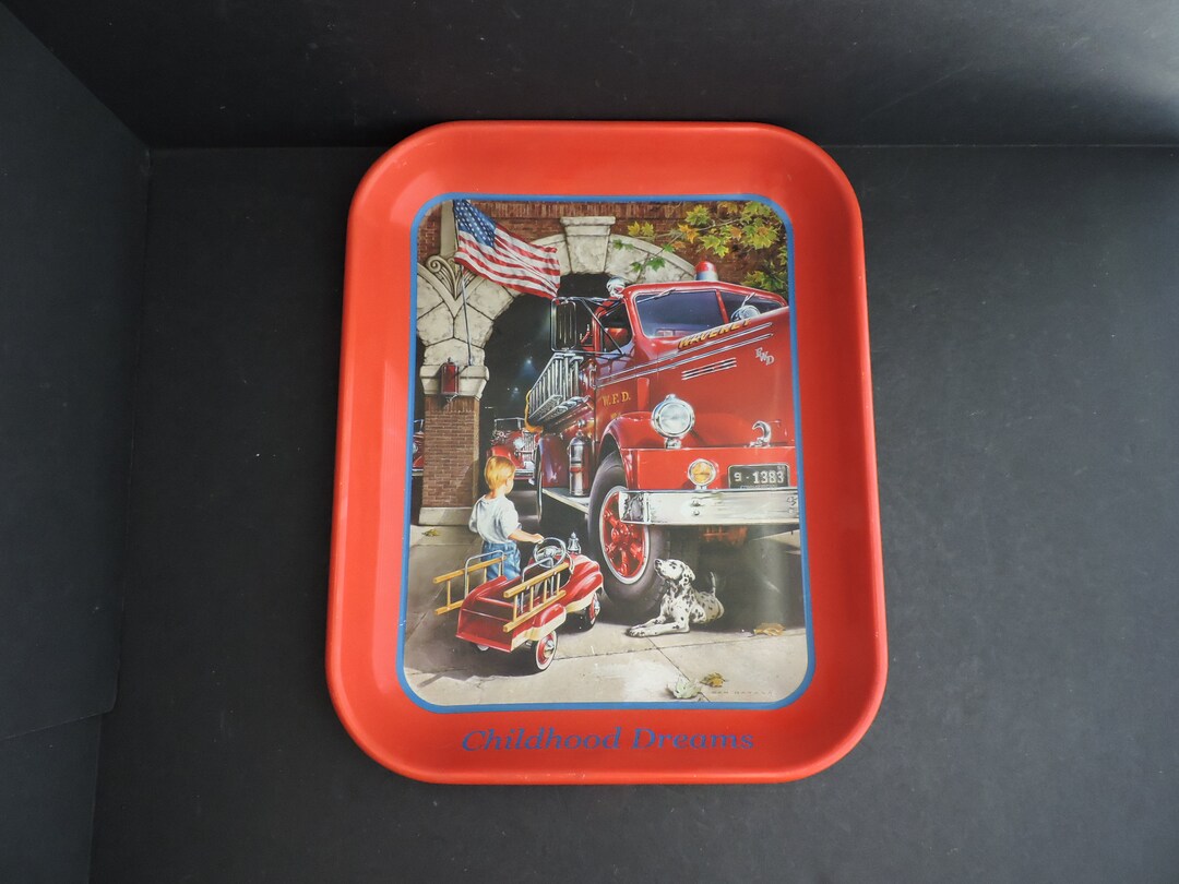 Red Fire Truck Metal Tray Rectangle Tin Serving Tray Kids Room Decor ...
