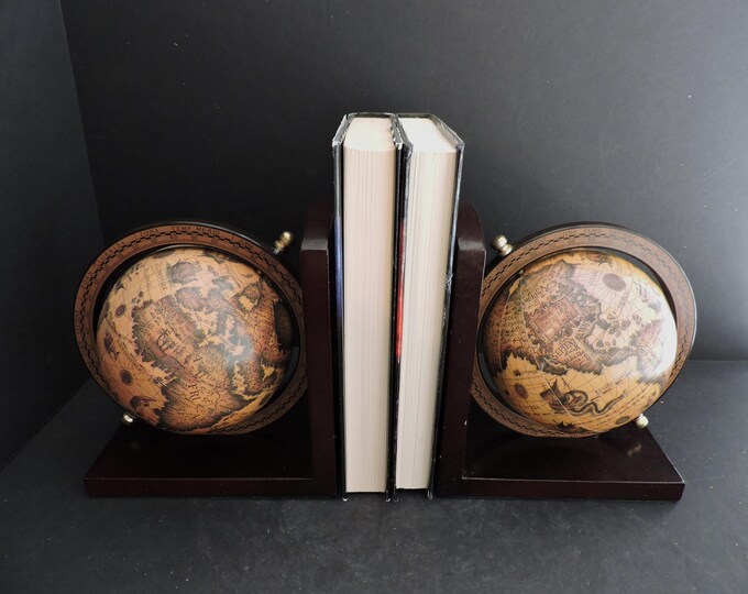 Vintage World Globe Bookends Pair Map Book Holders Wooden Office ...