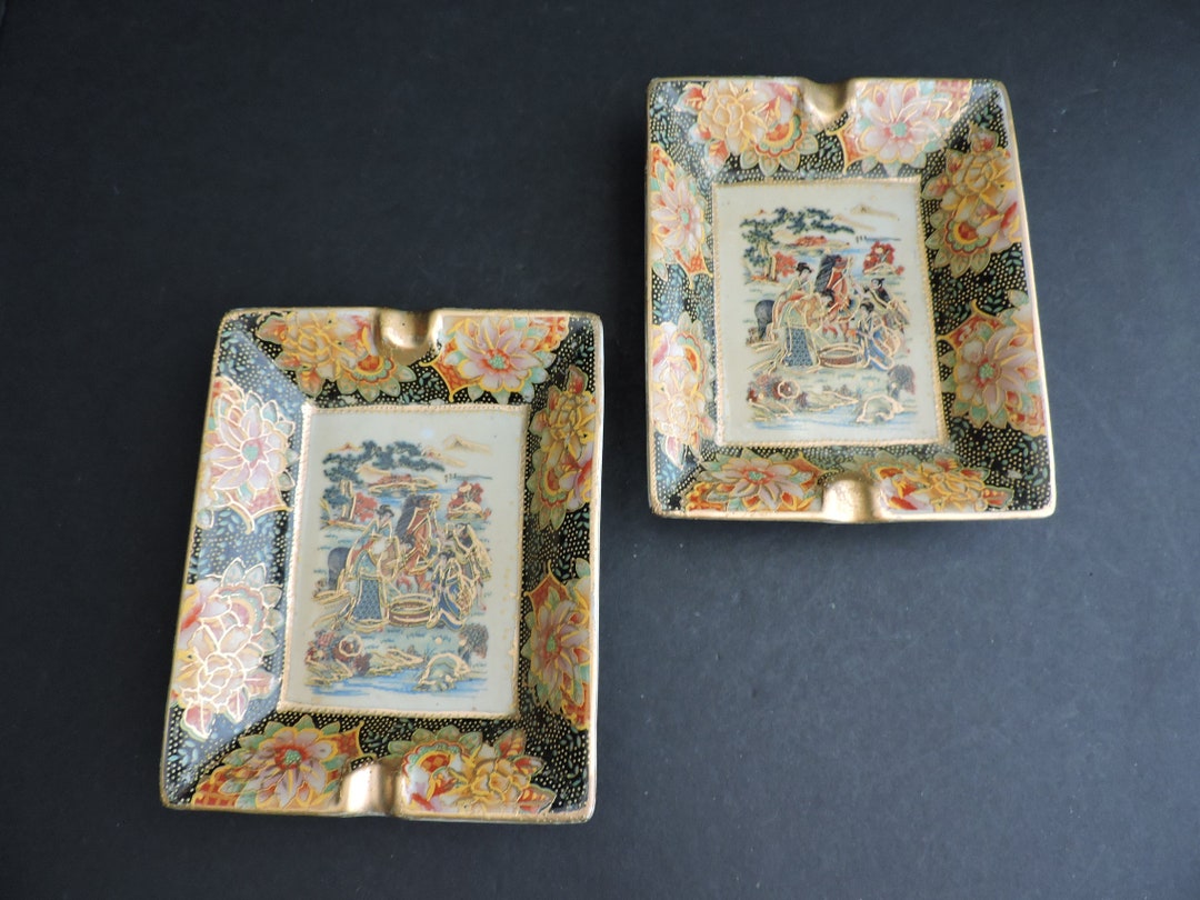 Geisha Girl Asian Ceramic Ashtrays Pair Satsuma Hand Painted Cigarette ...
