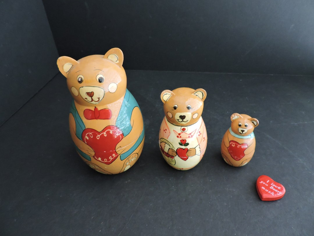 Three Bears Nesting Wood Dolls Hand Painted Cartoon Collectible Set of ...