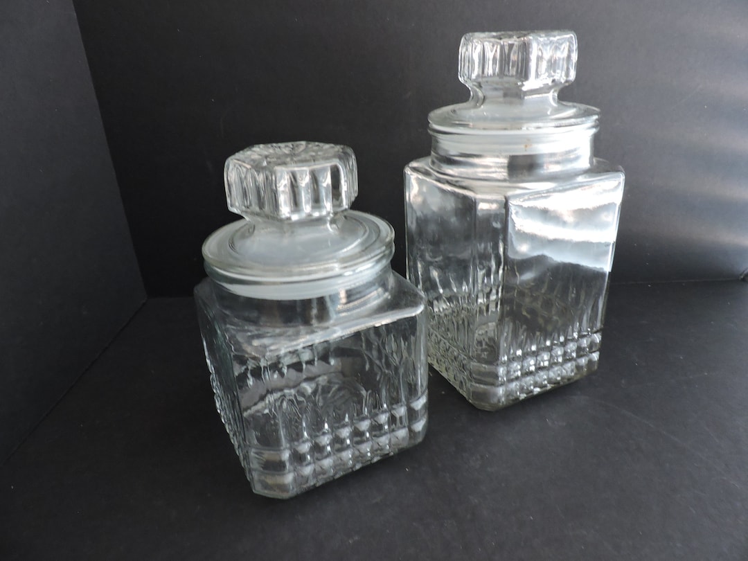 Pressed Glass Square Storage Jars Vintage Kitchen Containers With ...