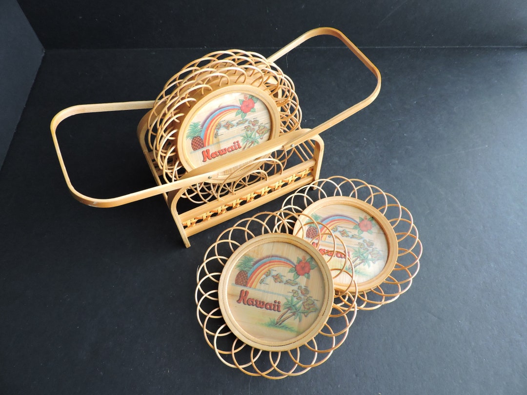 Hawaii Vintage Coasters With Bamboo Caddy Set of 5 Tropical Beach ...