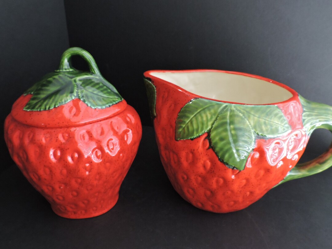 Strawberry Ceramic Pitcher and Canister Red Cookie Jar Container With ...