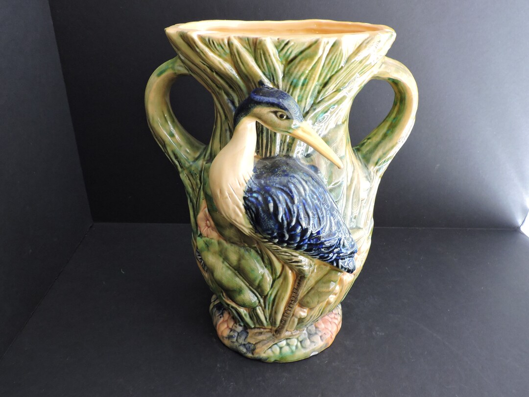 Artisan Pottery Heron Vase Green Ceramic Collectible Art ...