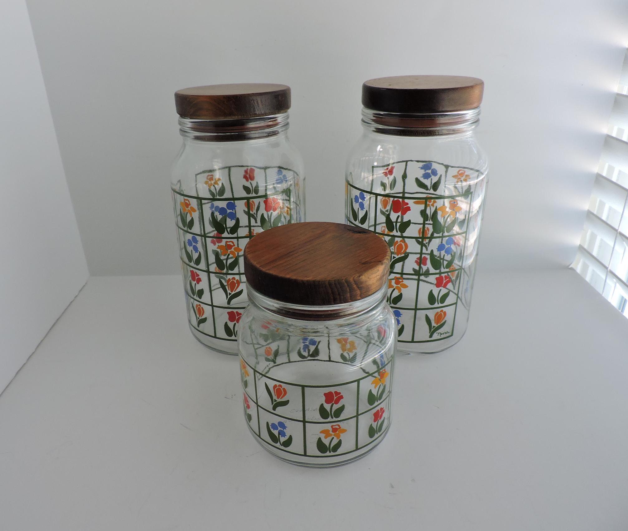 Glass Storage Jars With Colorful Flowers Set of 3 Vintage Kitchen ...