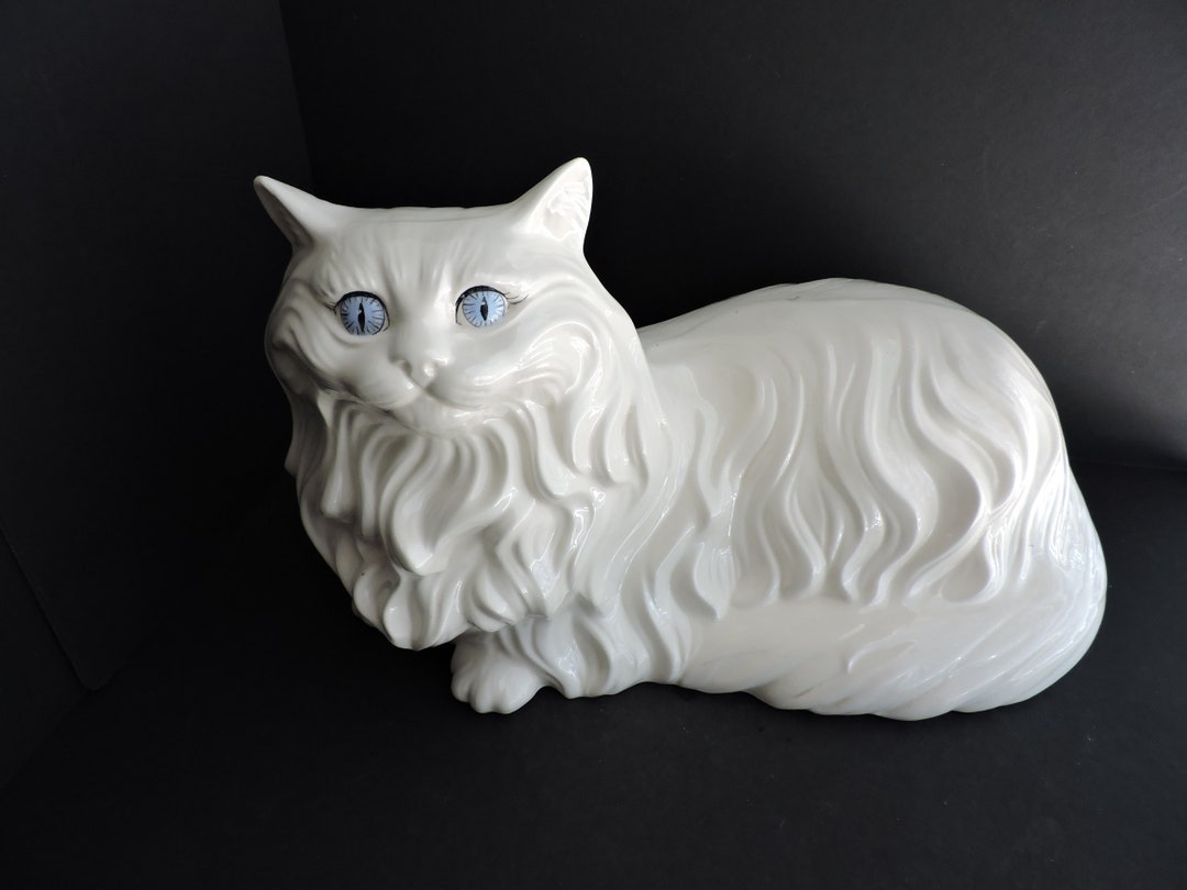 1974 White Cat Figurine Vintage Large Persian Homemade Ceramic Decor ...